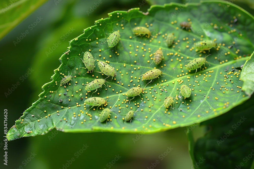 Ants and Aphids. Insect pests. Little black aphid Colony on a green ...
