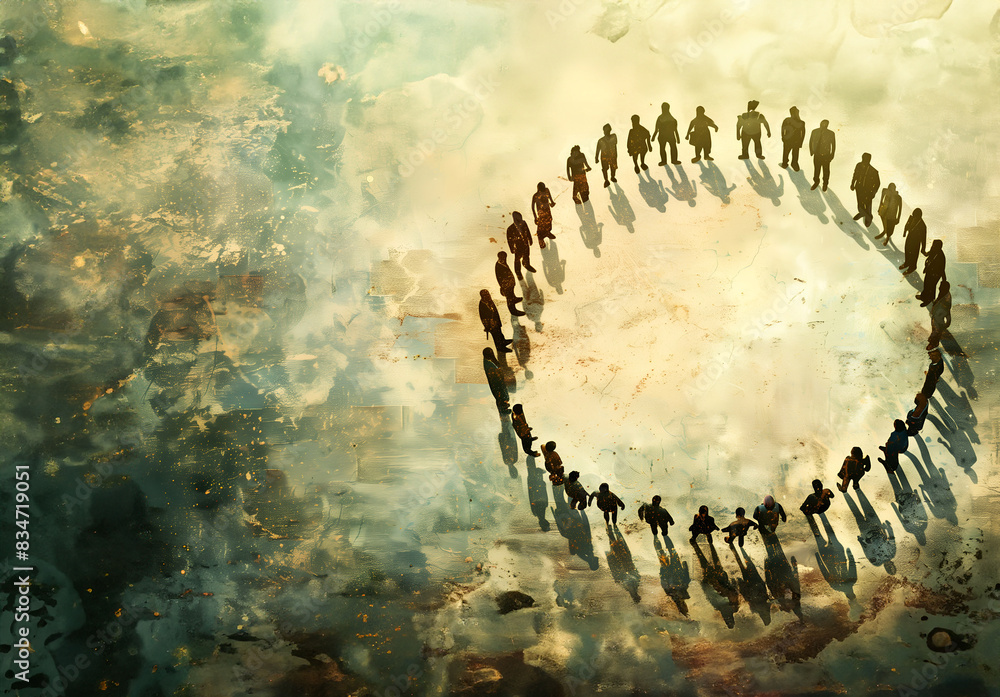 An artistic depiction of silhouettes of people standing in a circle ...