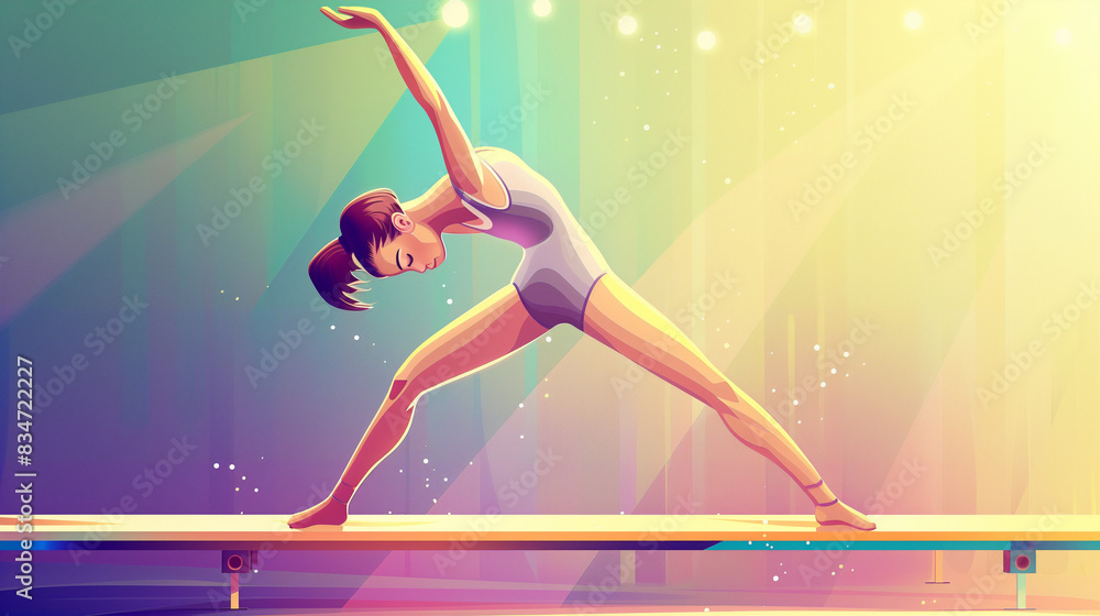 Cartoon gymnast gracefully performing on the balance beam in a colorful ...