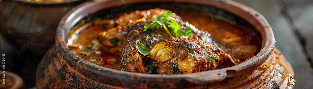 Fish curry, spicy fish curry with tamarind, served in a traditional ...