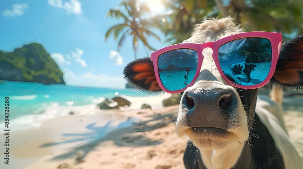 Cool cow wearing sunglasses, tropical palm tree beach background ...