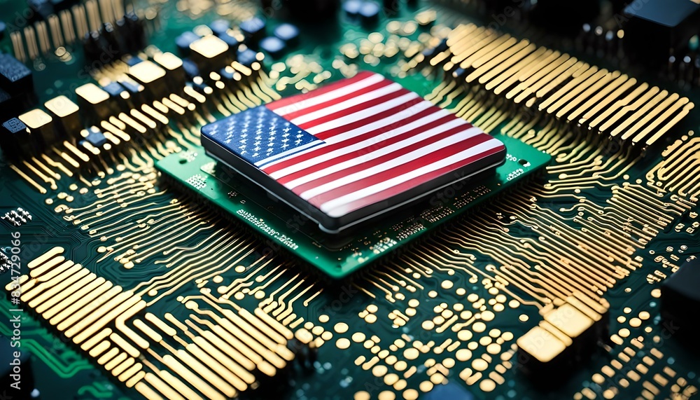 Flag of USA on a processor, CPU Central processing Unit or GPU ...