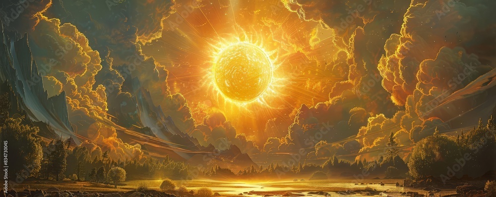 Artistic depiction of the solstice sun as a giant golden wheel in the ...