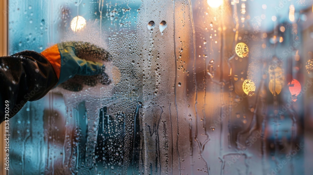 Diligent Window Cleaner in Yellow and Blue Gloves Working Overtime - 4K ...