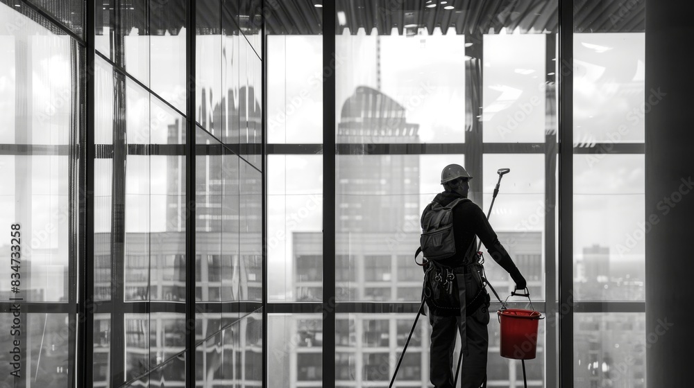 Working at height, cleaners are cleaning the windows outside the ...