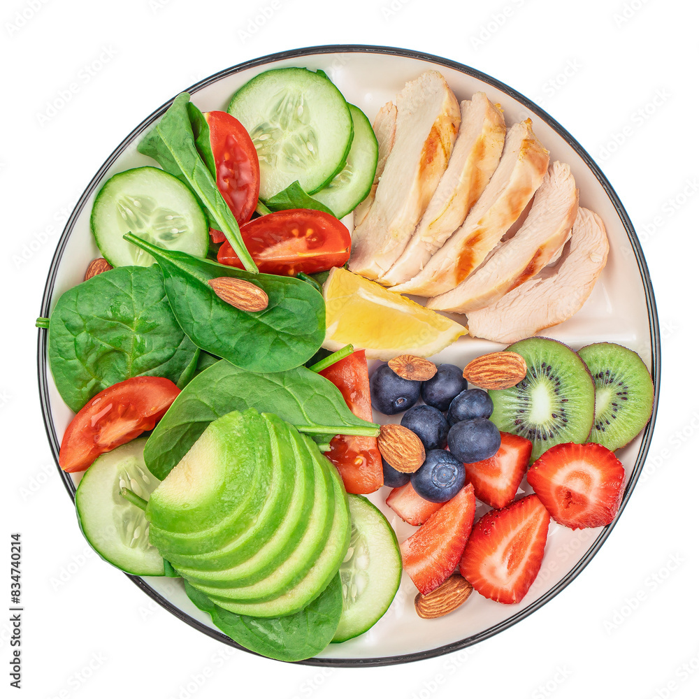 Plate of healthy food chicken fillet, avocado and salad. Complex of ...
