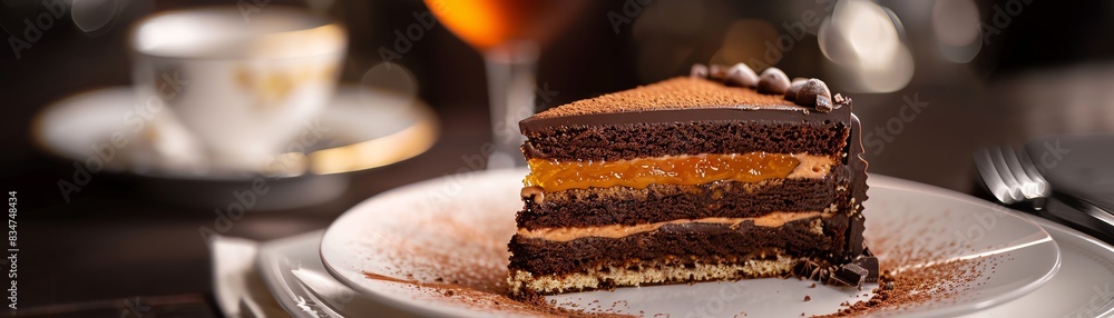 Sacher Torte, classic Austrian chocolate cake, slice revealing the ...