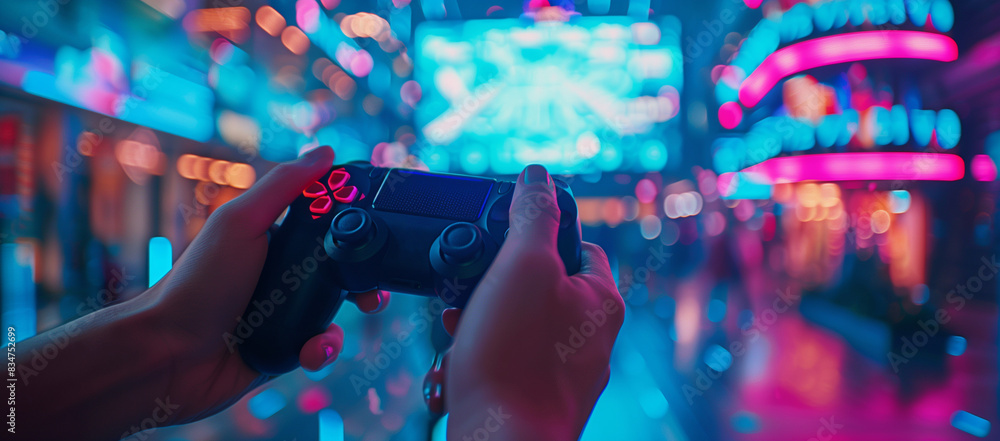 Hand holding game controller with digital screen showing gaming ...