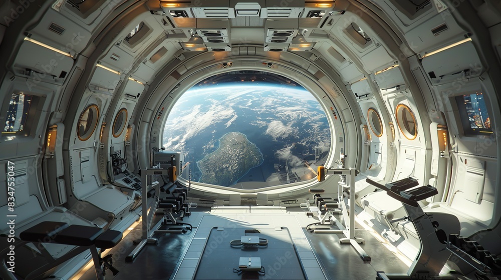 A space stationâ€™s gym, with astronauts exercising using specialized ...