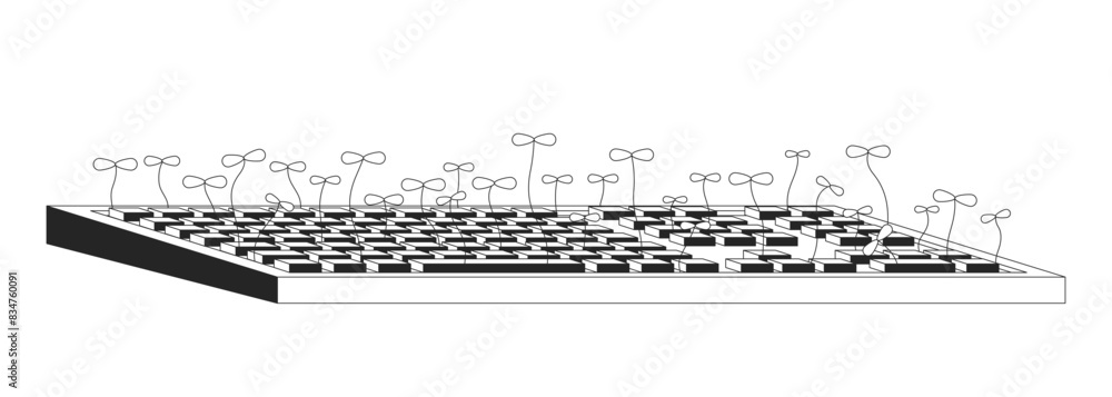 Computer keyboard with plant sprouts black and white 2D illustration ...