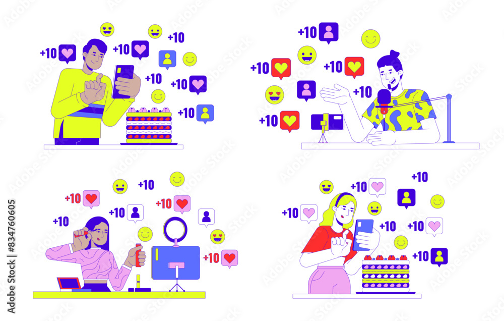 Influencer marketing 2D linear illustration concept set. Video bloggers ...