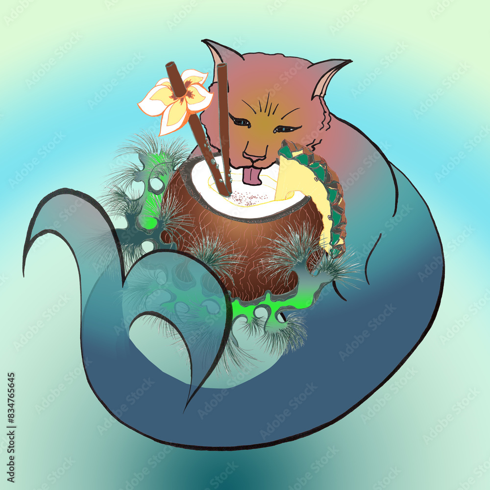 Portrait of a mermaid kitten in Hawaiian style. Relaxed fairy tail cat ...