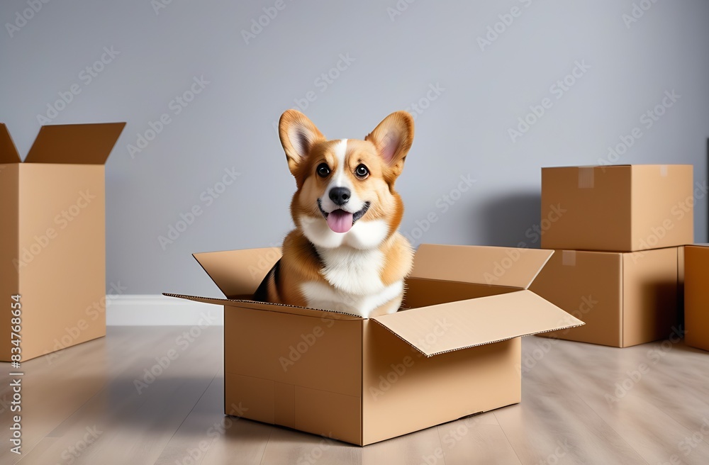 Charming corgi dog sits in a cardboard box against the background of ...