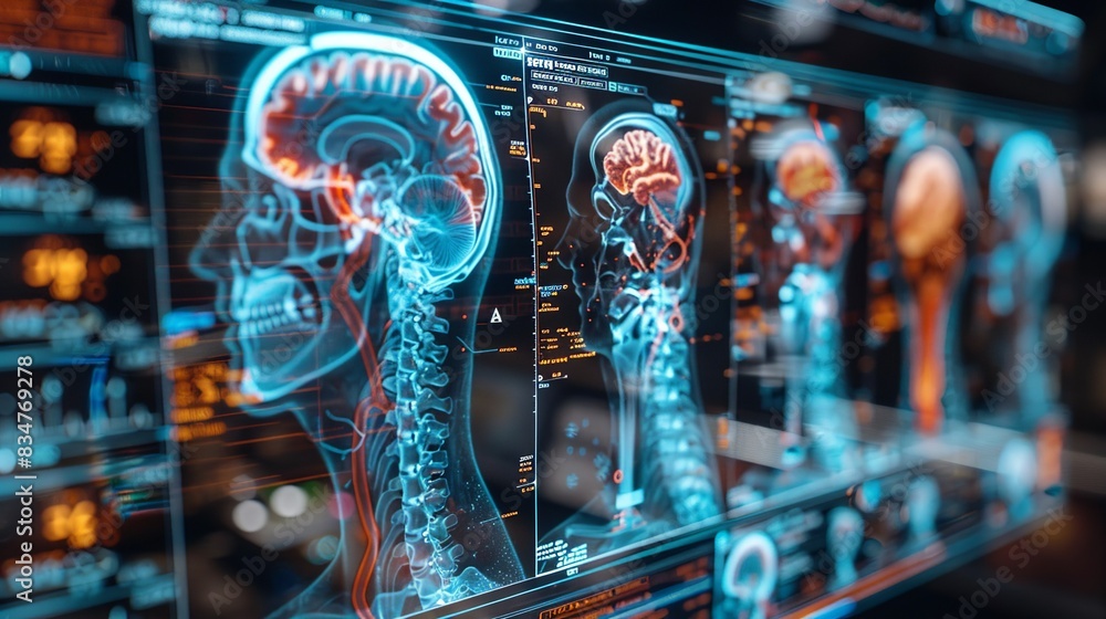 A clean and clear medical x-ray HUD hologram displaying a detailed ...