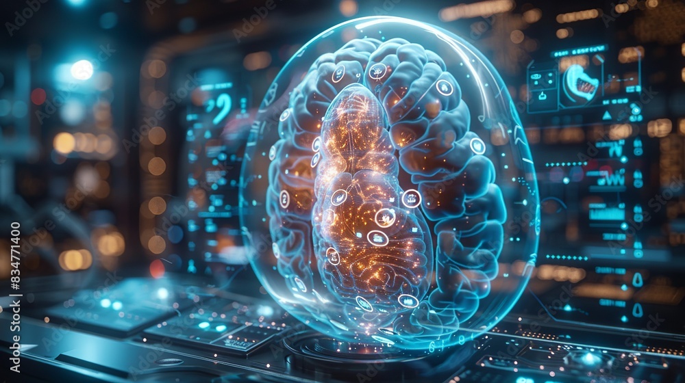 A minimalistic medical x-ray HUD hologram showing a detailed image of ...