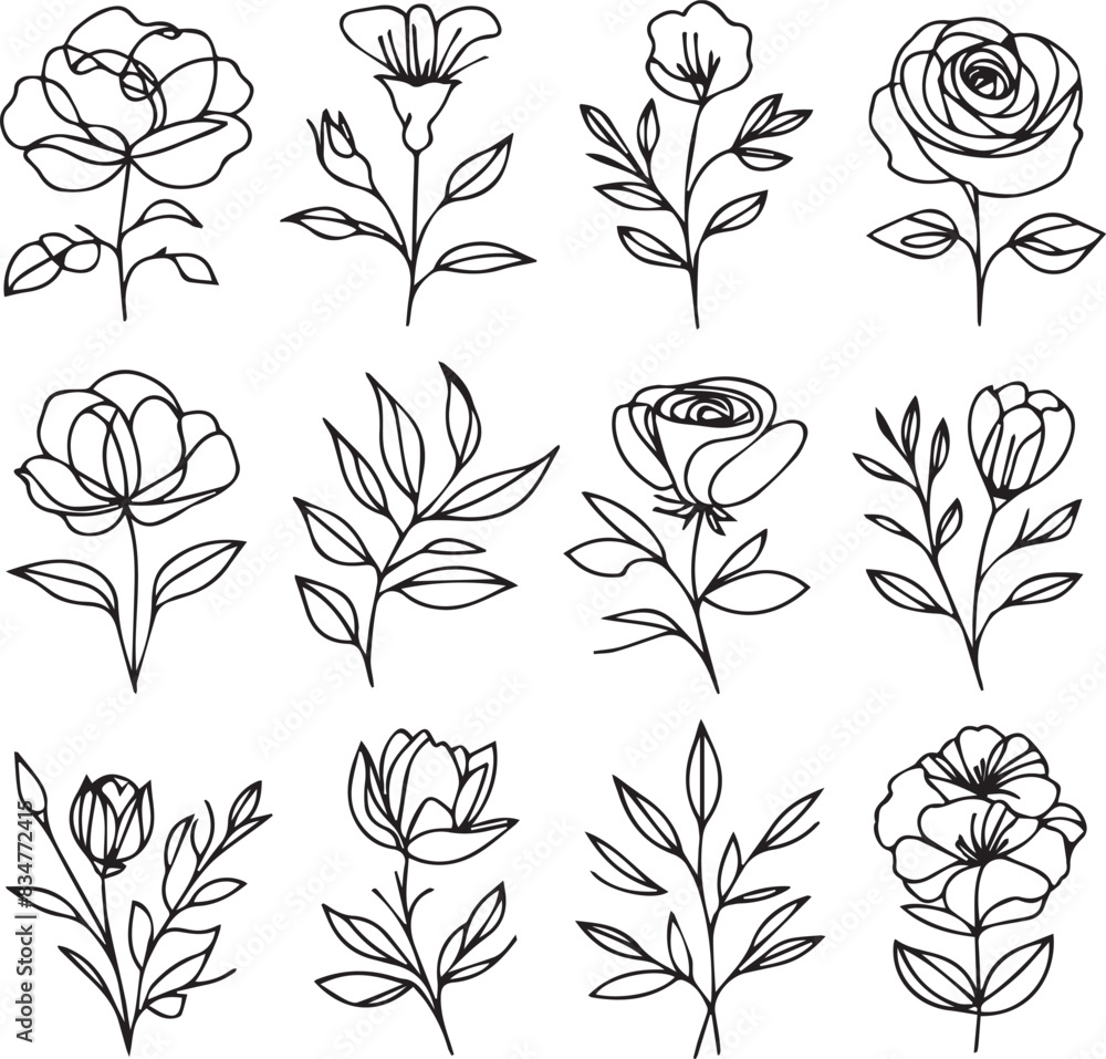 One line drawing Set of a decorative fresh blossoming rose silhouette ...