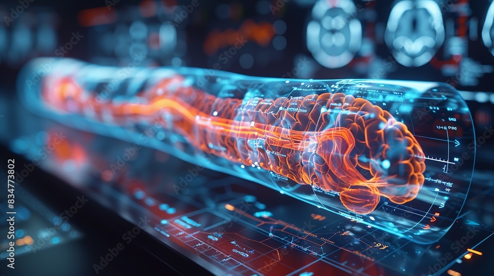 A minimalist medical x-ray HUD hologram showing a detailed image of the ...