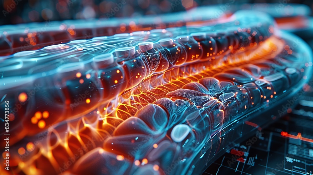 A minimalist medical x-ray HUD hologram showing a detailed image of the ...