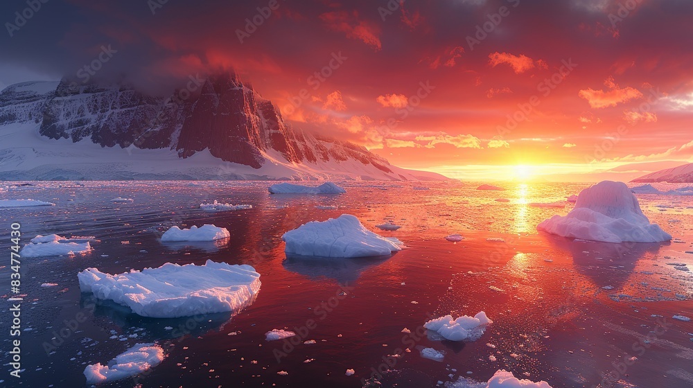 Polar ice caps melting against a fiery sunset, serving as a poignant ...