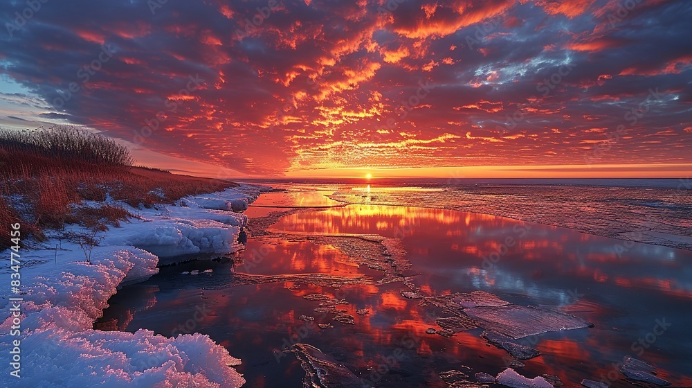 Polar ice caps melting against a fiery sunset, serving as a poignant ...