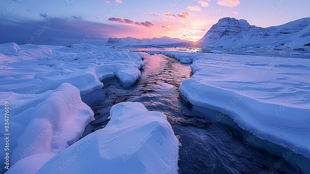 Melting glaciers feeding into a river, demonstrating the link between ...