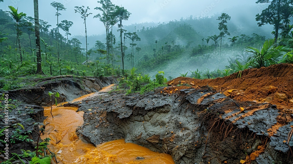 A deforested hillside eroded by rainfall, exemplifying the cascading ...