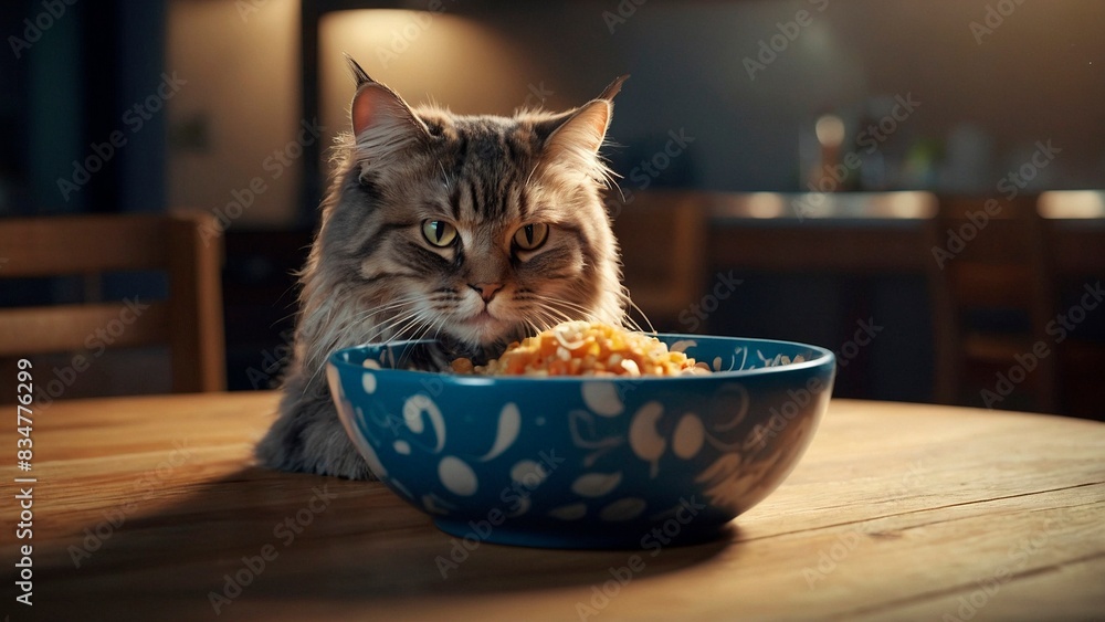 Cute fluffy cat sitting in front of bowl full of food. Beautiful kitty ...