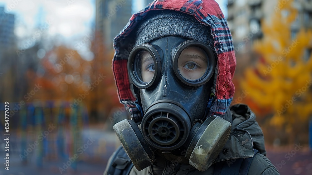 A child wearing a gas mask in a polluted playground, representing the ...