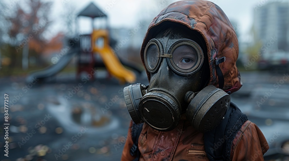 A child wearing a gas mask in a polluted playground, representing the ...