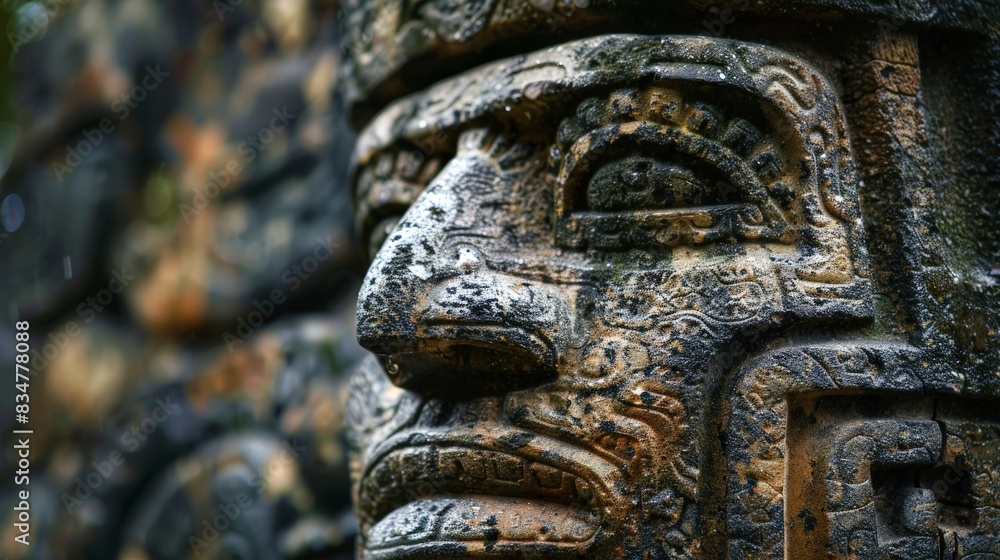 The image shows a stone sculpture of a Mayan head. The sculpture is ...