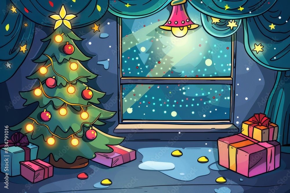 Cartoon cute doodles of a festive holiday corner with twinkling ...