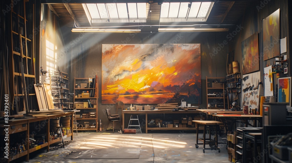 An early morning in a Swedish small town workshop, sunlight streaming ...
