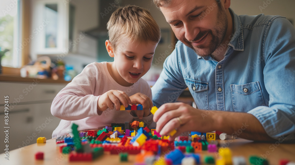 Father and children playing colorful Lego bricks in the house, Happy ...