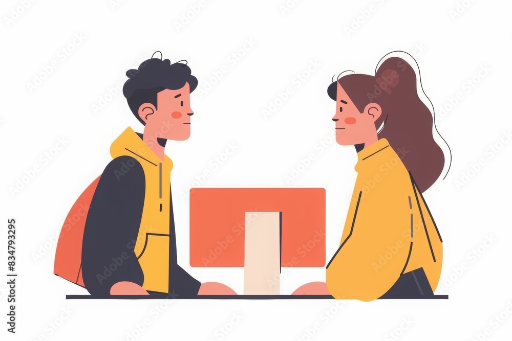 Two people discussing work while facing the computer, upper body, close ...