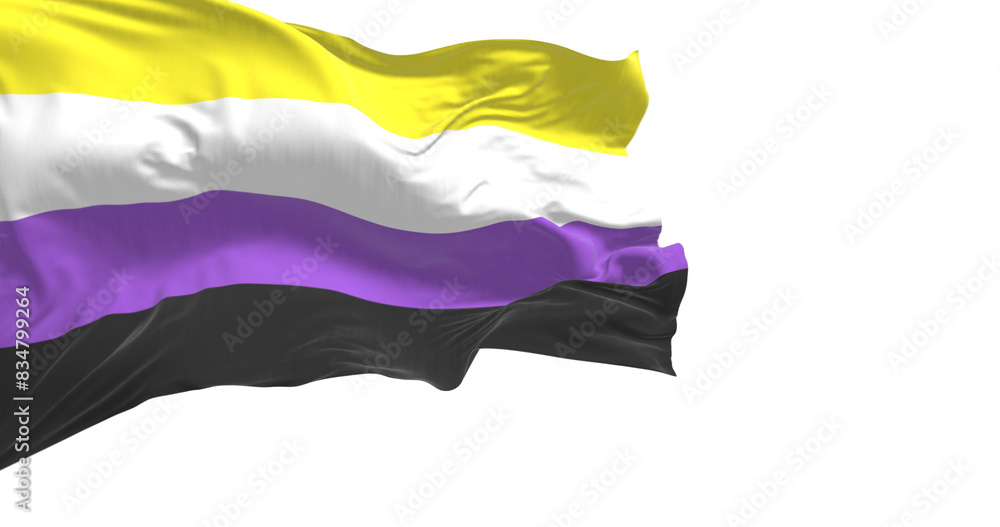 Non-binary flag waving on a clear day. Pride flag that represents the non-binary community. 3d ...