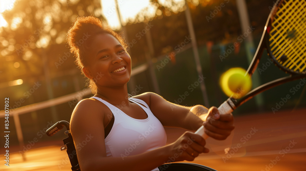 Female black tennis player in action during golden hour. Disabled ...