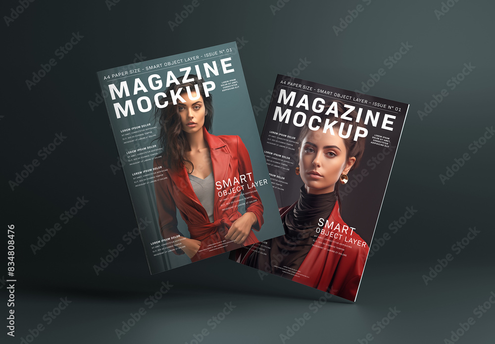 2 Floating Magazine Covers on Black Background Mockup Stock Template ...