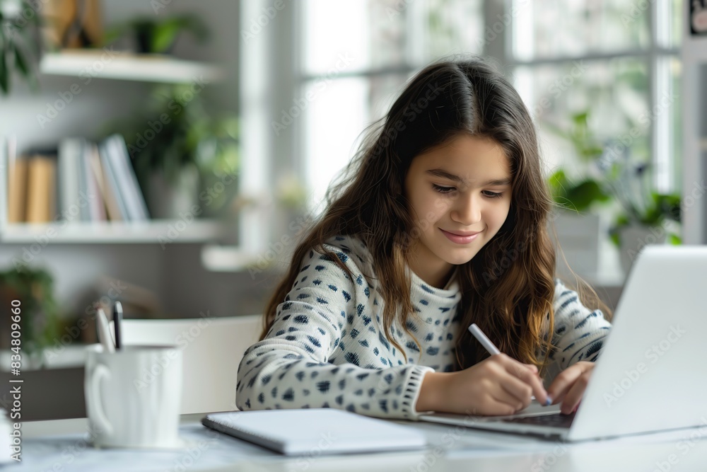 Smart small Asian girl sit at table with laptop studying at home. 6s ...