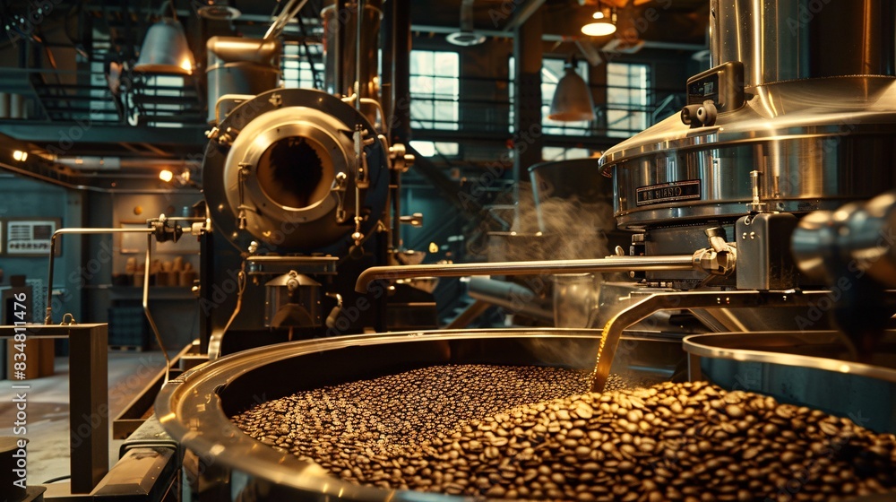 A captivating view of a bustling coffee roastery, where expert roasters ...