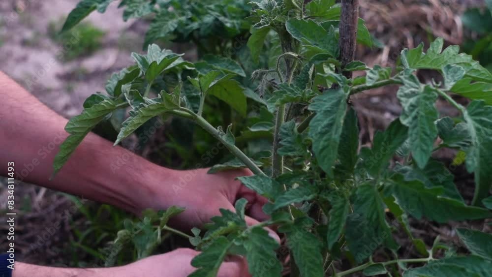Tying tomato plants for fruitful growth with a white thread, wrapping ...