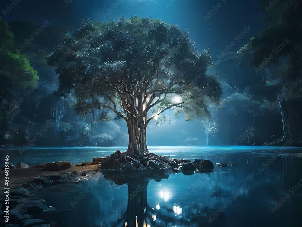 banyan tree beside big lake and waterfall in the night. reflection of ...