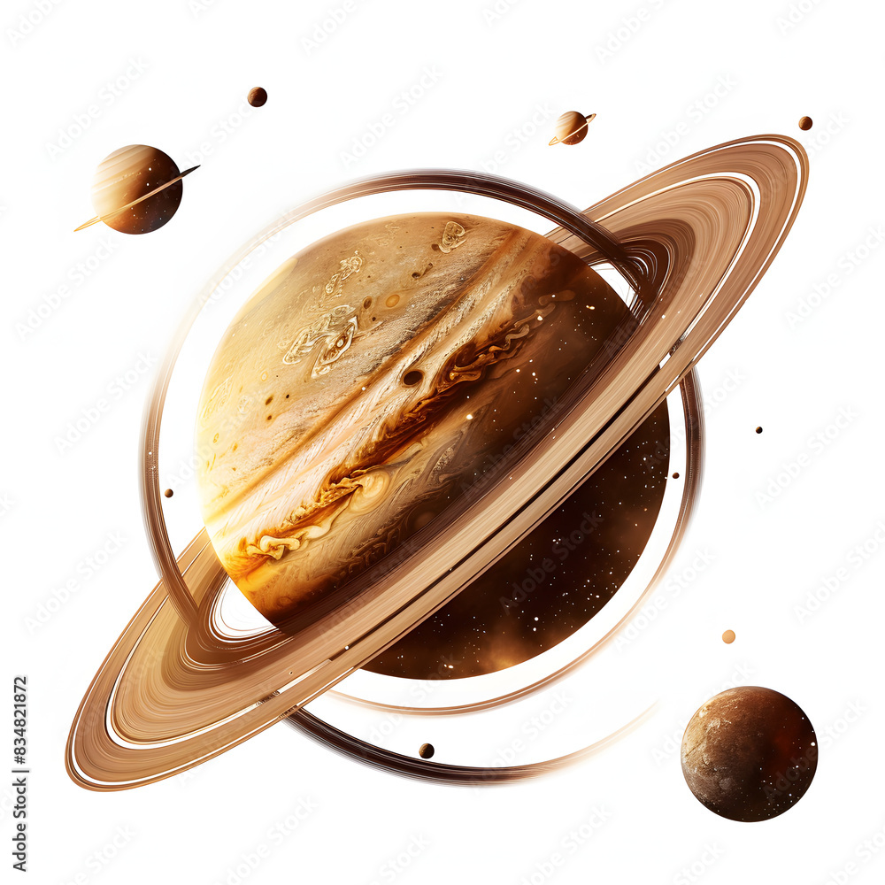 Saturn planets in deep space with rings and moons surrounded. isolated ...