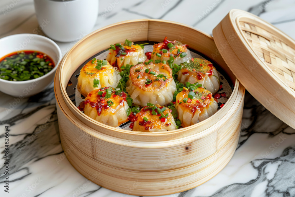 Steamed momos in elegant wooden box, food photography for aesthetic ...
