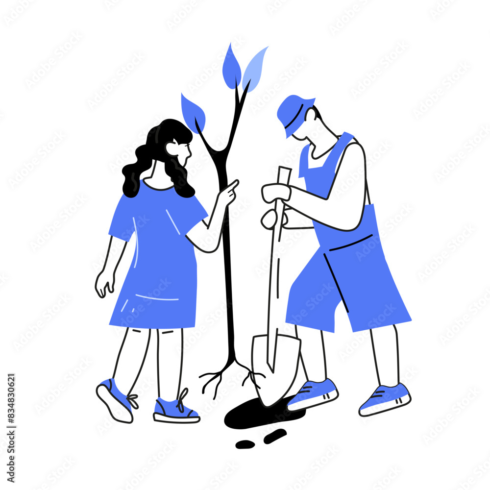 Teenage children, environmental volunteers plant a tree. Eco education ...