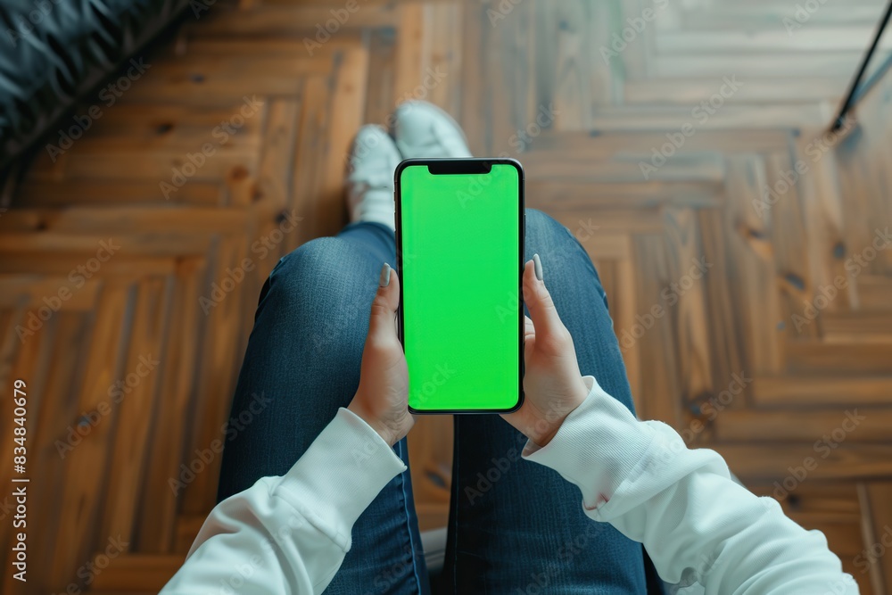 Woman using a Smart Phone with Green Screen. Back view of Girl wear ...
