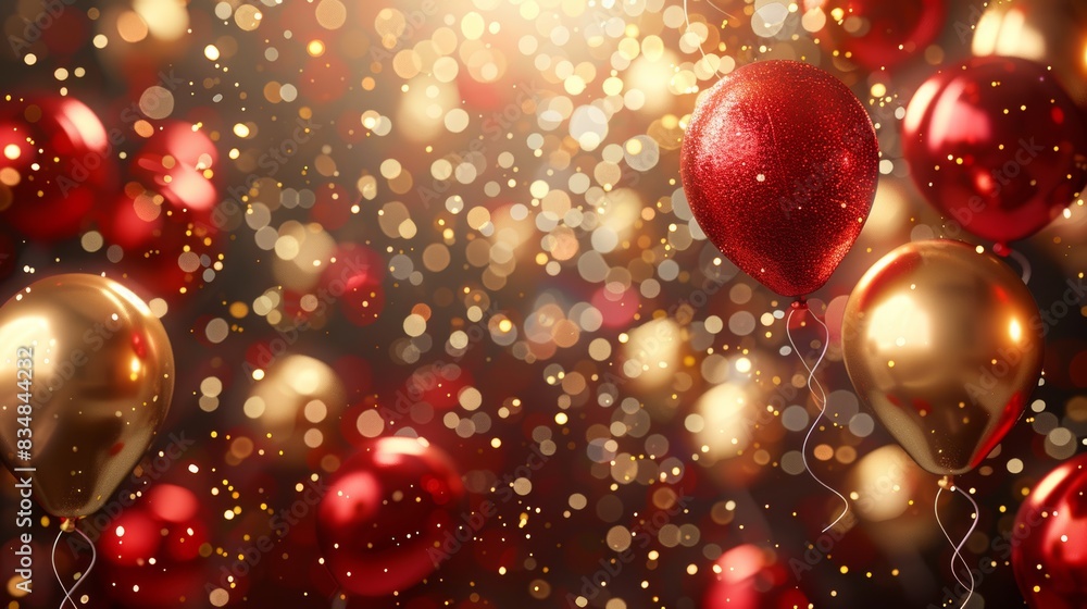Celebration banner with red and gold balloons and lights, background ...