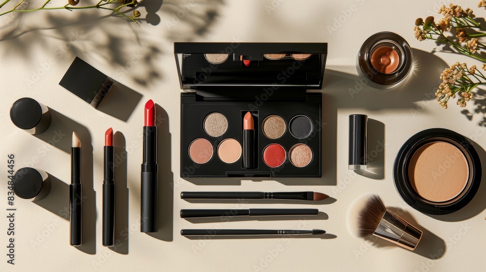 Compact makeup items and travel skincare flat lay, featuring palettes ...