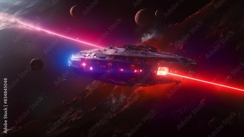 Sci-fi space satellite fires red laser beam in alien invasion. Concept ...