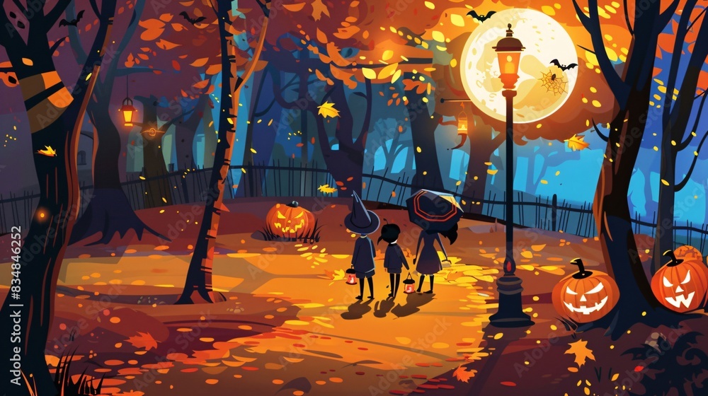 An illustration of kids participating in a Halloween scavenger hunt ...