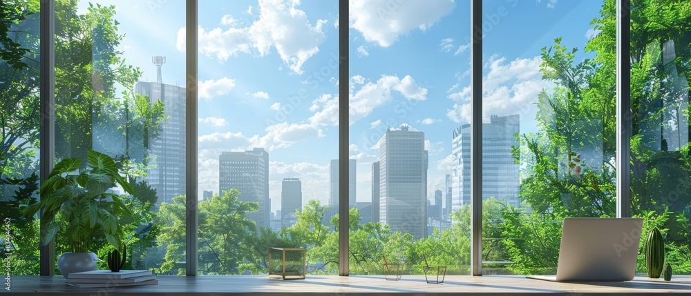 Office setting with view of green city through window, ecofriendly ...